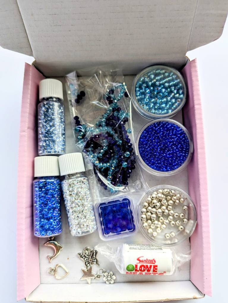 Jewellery Kit, Make Your Own Bracelets, Blue Seed Bead Mix, Crystal ...