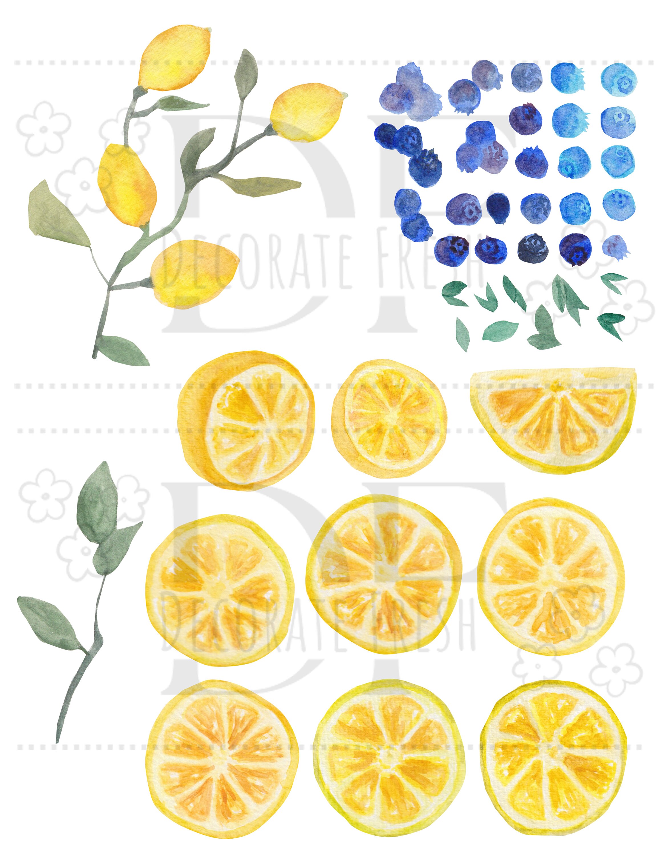 Watercolor Lemon Clipart, Watercolor Blueberry Clipart, Instant ...