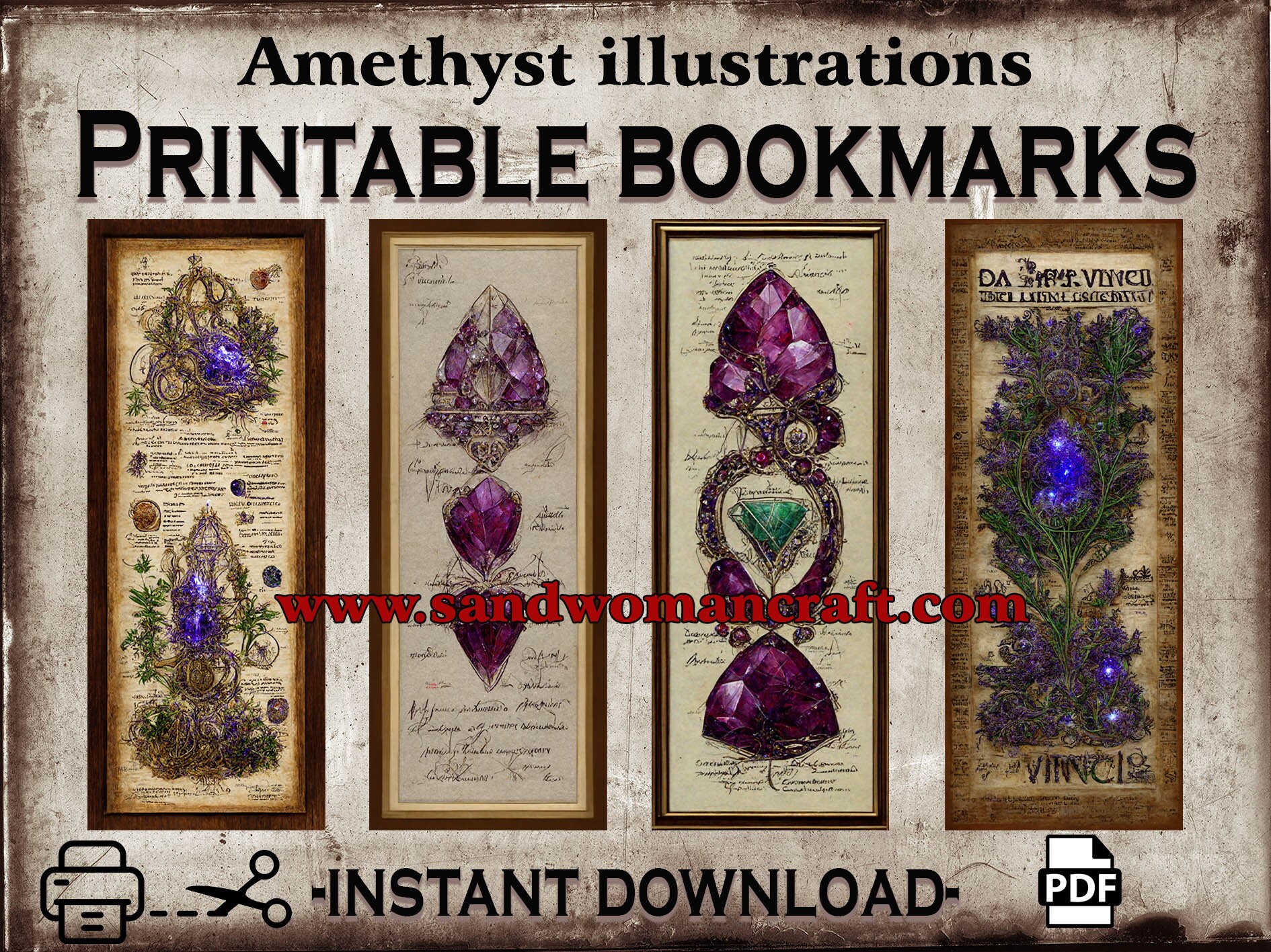 Printable Bookmarks Instant DOWNLOAD Set of 4amethyst - Etsy
