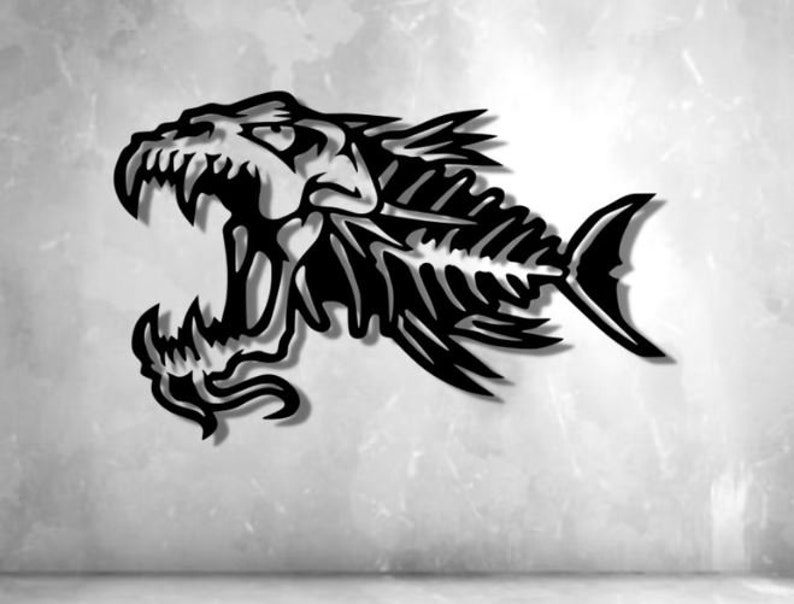 Fish Bone Dxf Svg Png Fİles Angry Fish Bone Wall - Etsy