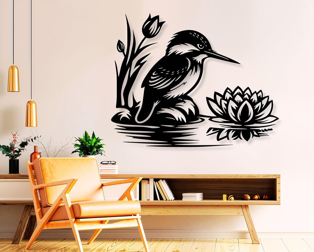 Kingfisher Perched With Lotus SVG DXF PNG Files Vector Art for Cnc ...