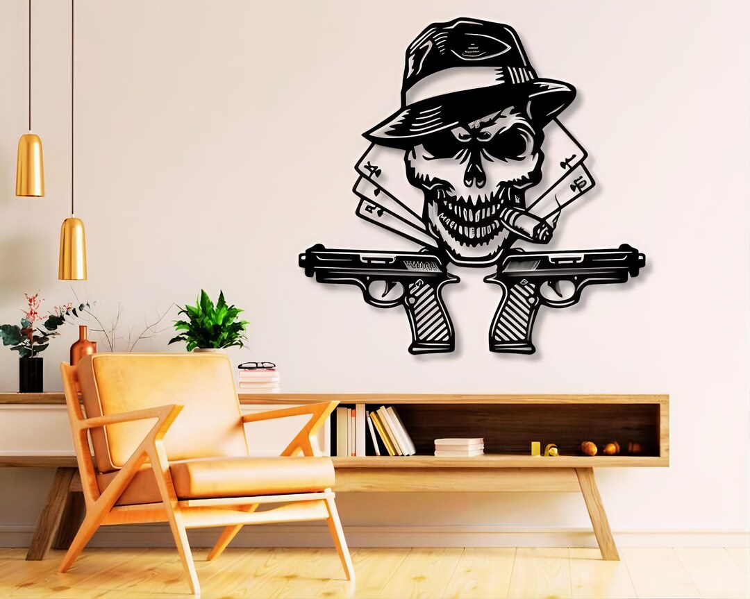 Gambler Skull Metal Wall Art Files: Gangster Guns, Poker (SVG, DXF, PNG ...