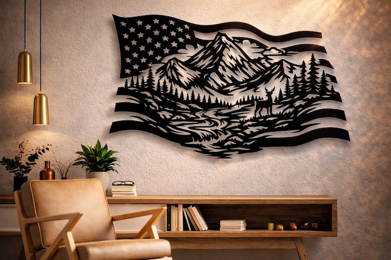 American Flag Nature Scene Dxf Svg Png Files Wall Art Cut File for Cnc ...