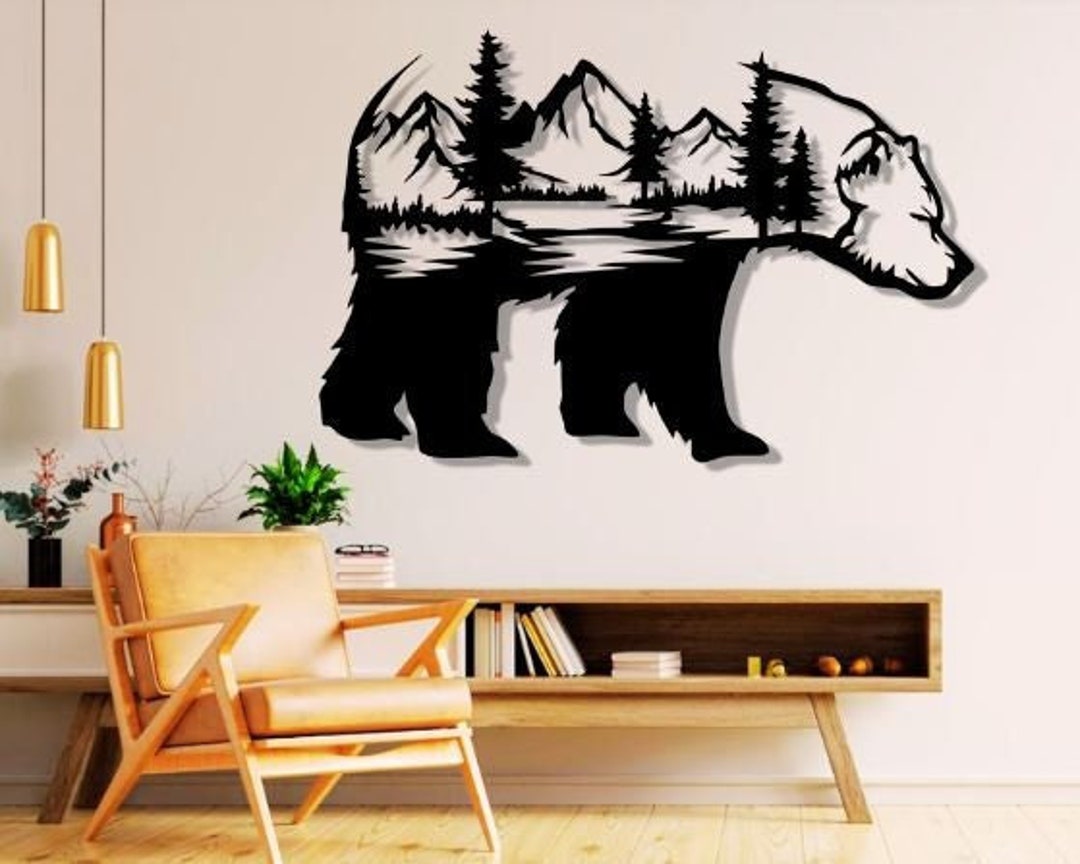 Bear Nature Scene Dxf Svg Png Files Mountains Trees Nature Scene , Wall ...