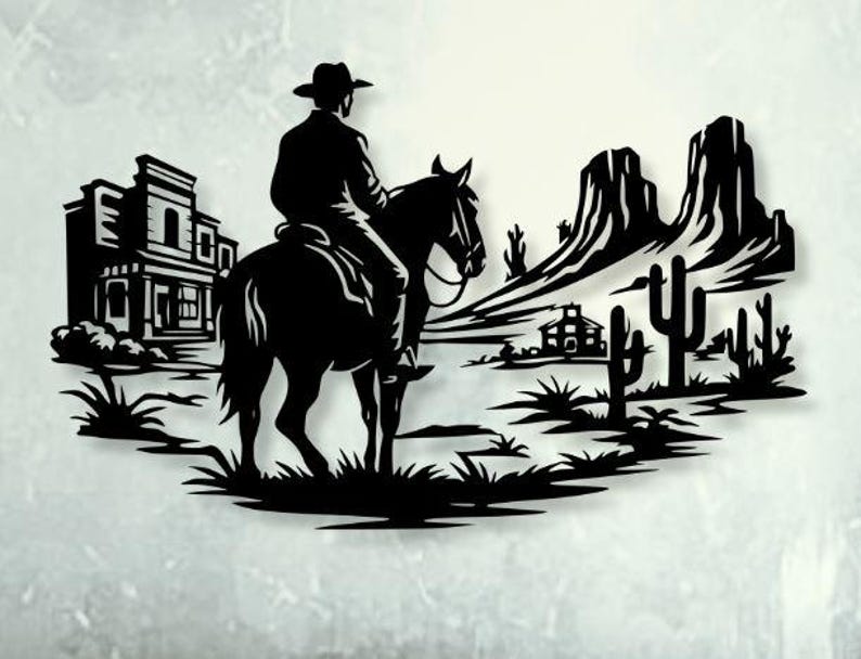 Western Dxf Svg Png Files Cowboy Wall Art Scene for Cnc Laser Plasma ...