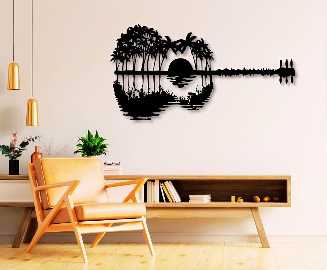 Guitar Sunset Dxf Svg Png Files , Sunset Wall Decor Sun Sea Palm Trees ...