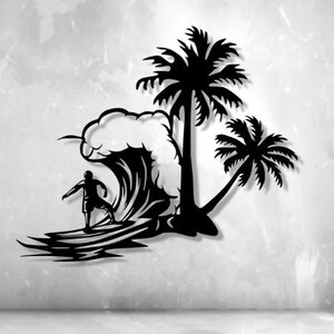 Surfer Dxf Svg Png Files Surf Surfer Board Palm Tree Wave Waving , Wall ...