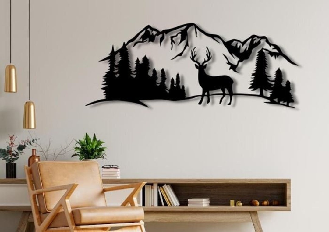 Nature Scene Dxf Svg Png Files Deer Scenery Mountain Trees Deers , Wall ...
