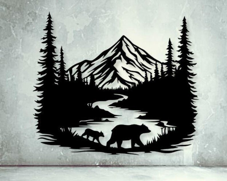 Nature Scene DXF SVG PNG Files Mountains Bear River Forest Vector Art ...