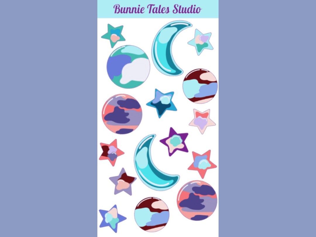 Colorful Planets, Moons, Stars Sticker Sheet / Blue Toned Space ...