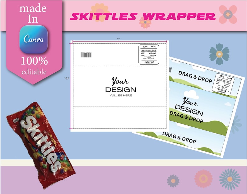 Skittles Wrapper Canva Editable Template, Skittles Candy Label Template ...