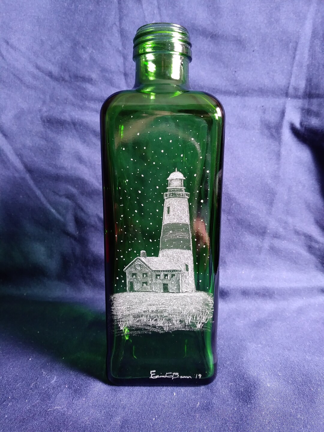 Hand Engraved Lighthouse Snowscape on a Green Bottle - Etsy