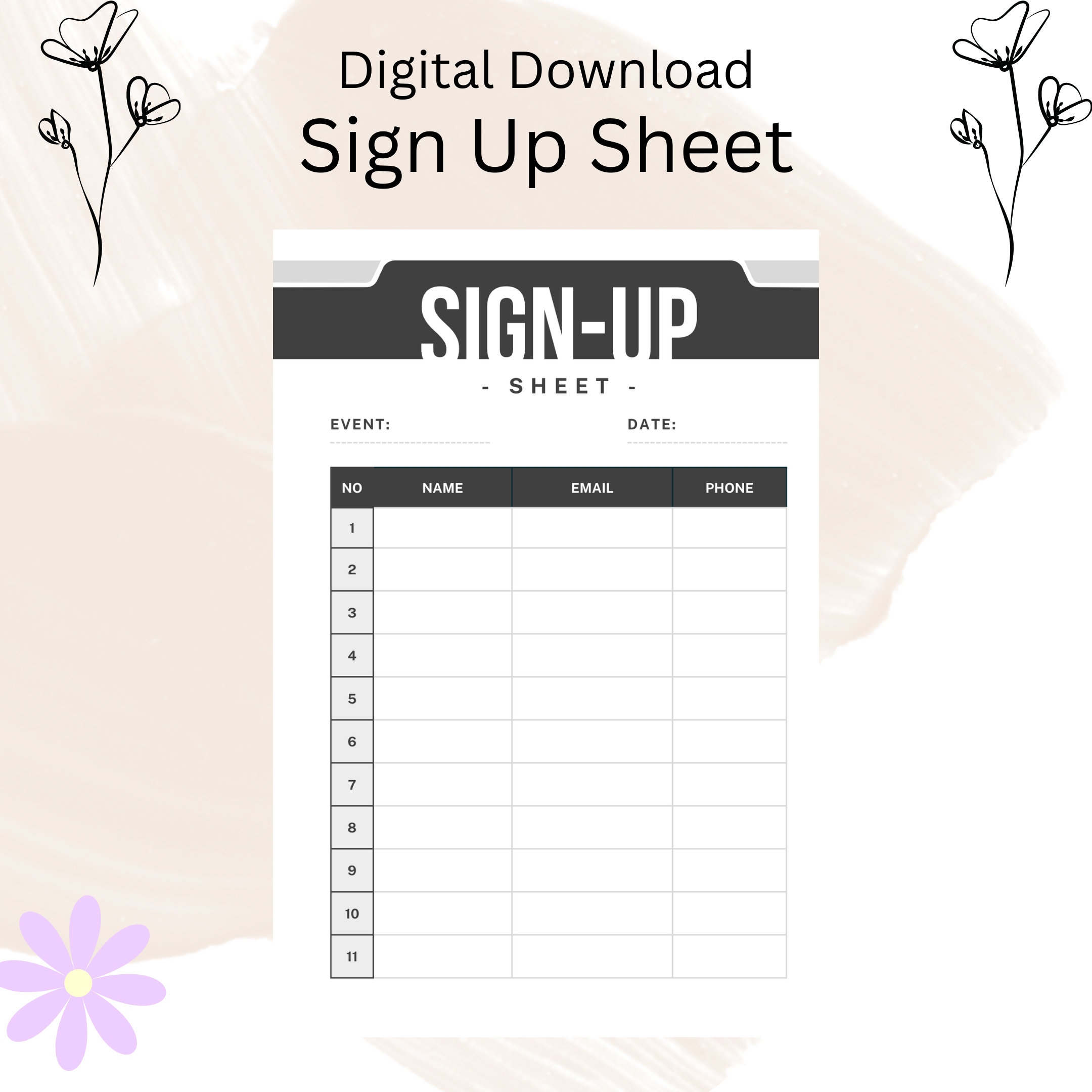Minimalist Sign up Sheet, Email Sign up Forms, PRINTABLE Sign Up, Event ...