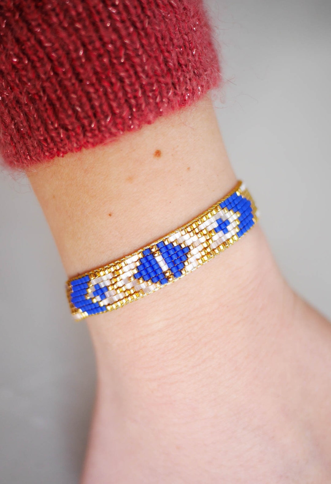 Mayan Bracelet With 24k Fine Gold Beads, Electric Blue Miyuki Beaded ...