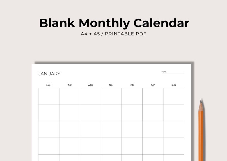Blank Monthly Calendar Printable Landscape, Minimalist Calendar ...