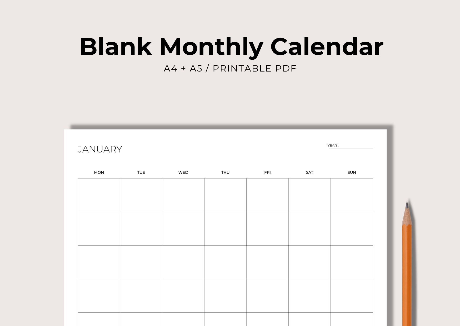 Blank Monthly Calendar Printable Landscape, Minimalist Calendar ...