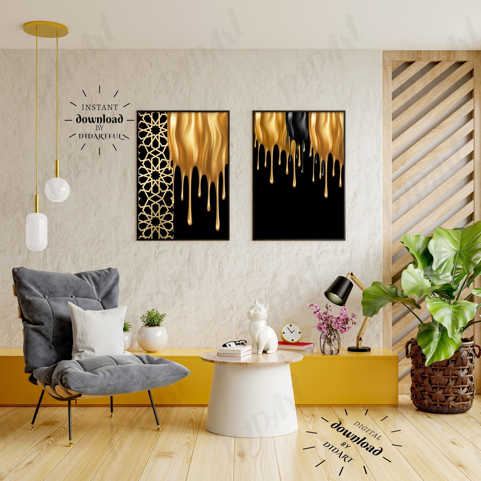 Arabesque Luxe, Set of 2 Black and Gold Dripping Wall Art Pieces, A ...