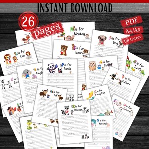 Animal Alphabet Words Tracing, Kids Activities Practice Sheets ...