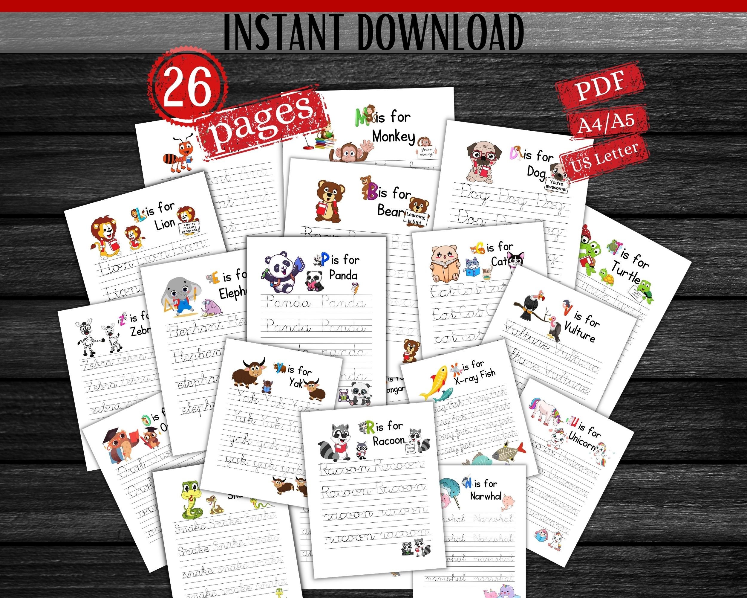 Animal Alphabet Words Tracing Kids Activities Practice - Etsy