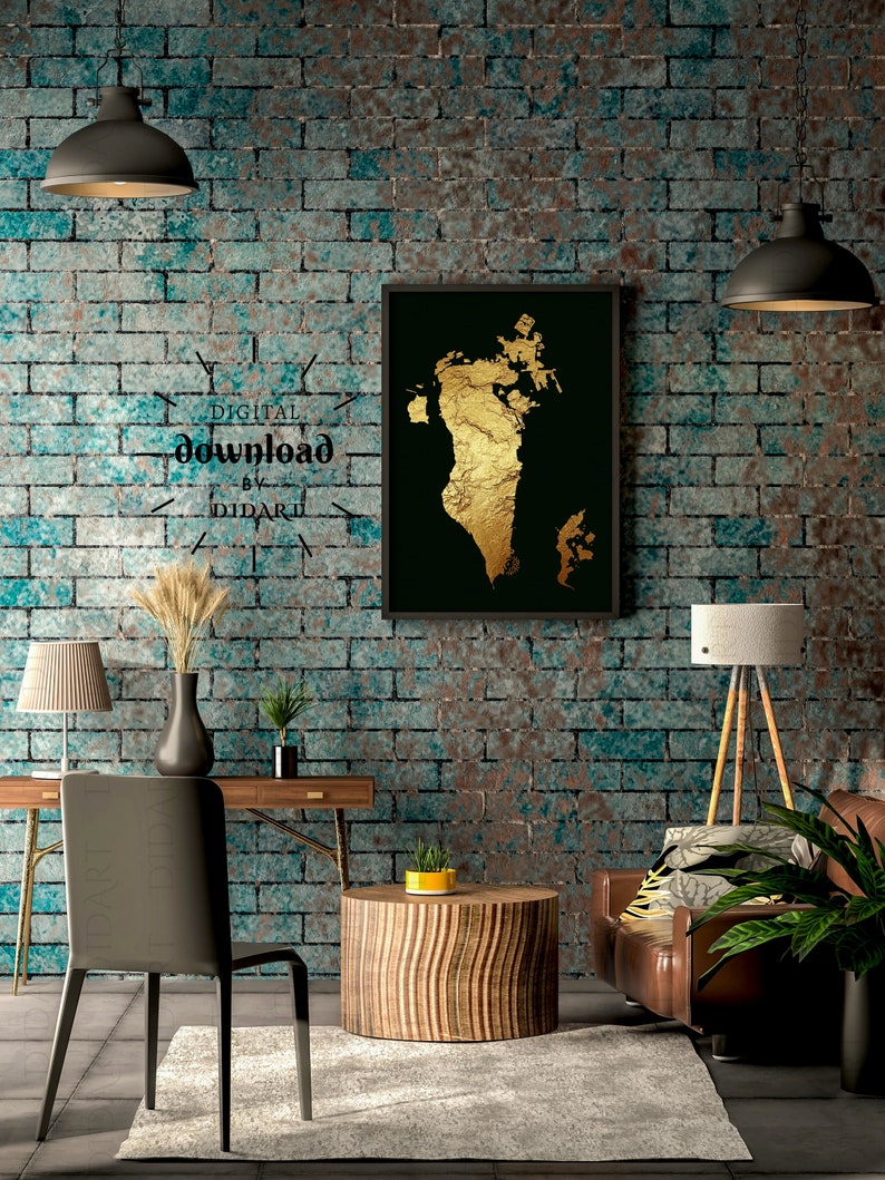 Bahrain Map, Country Map of Bahrain, Golden Art Print Illustration ...