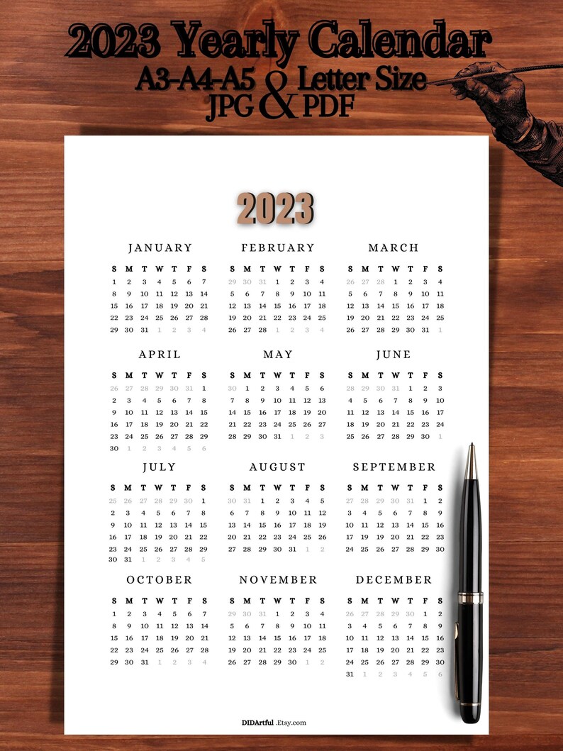 2023 Yearly Calendar Printable Minimalist Calendar Yearly - Etsy