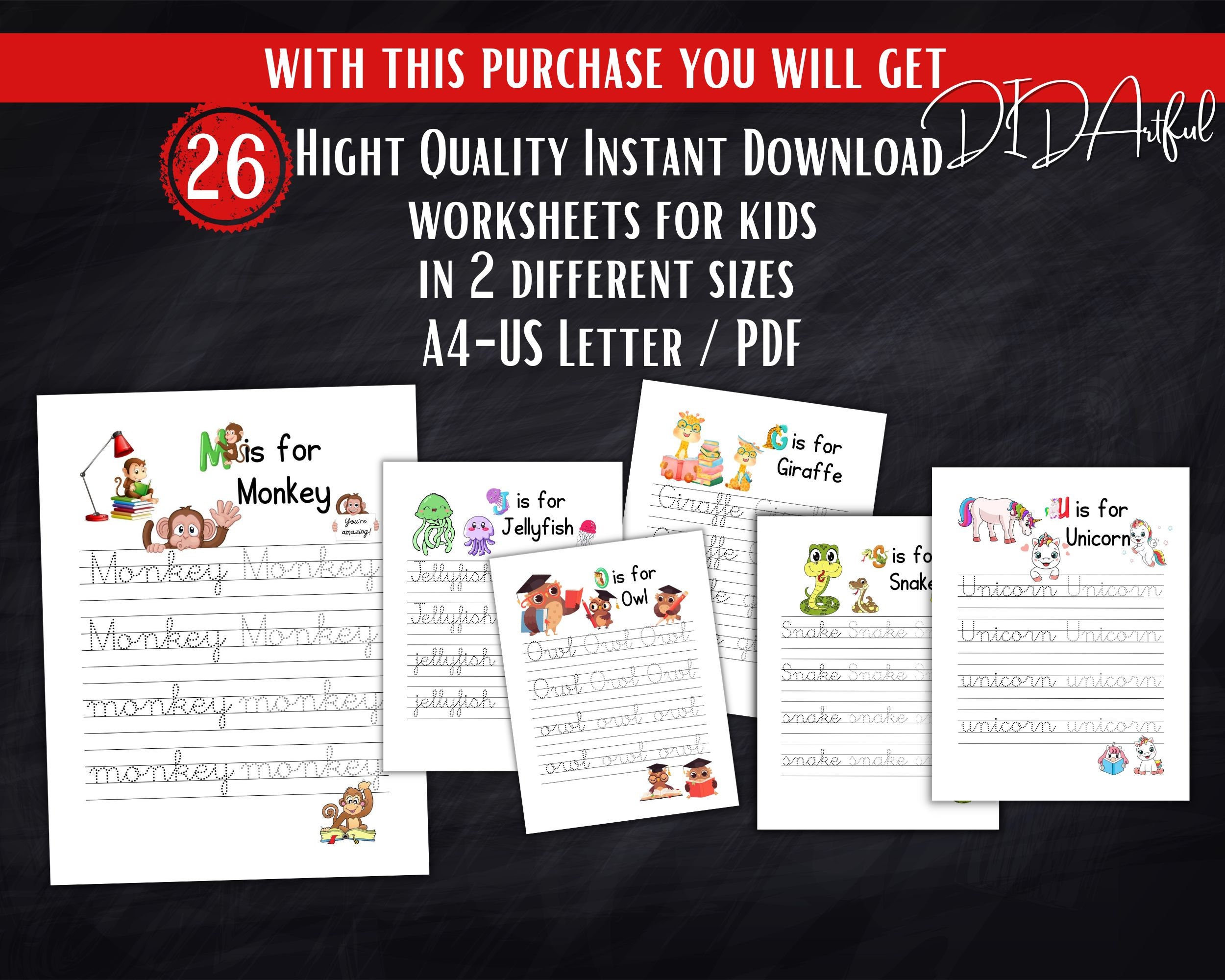 Animal Alphabet Words Tracing, Kids Activities Practice Sheets ...