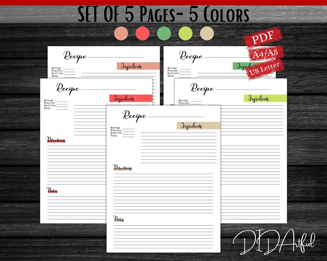 Recipe Page Templates Printable PDF, Minimalist Recipe Sheet, Size A4 ...