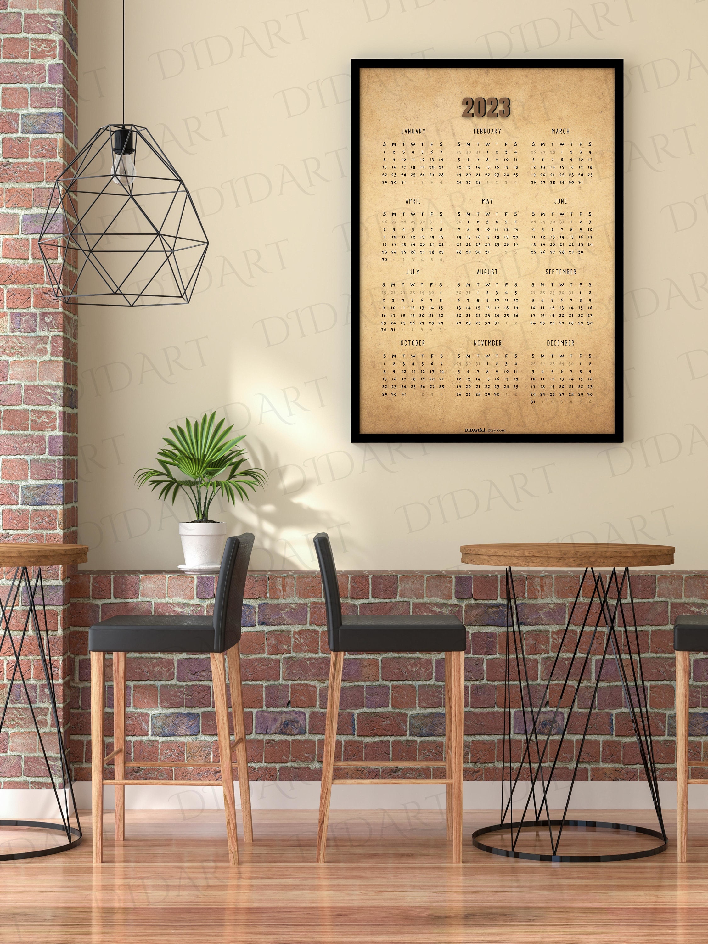 2023 Calendar Printable, Vintage Paper Yearly Wall Calendar, Desk ...