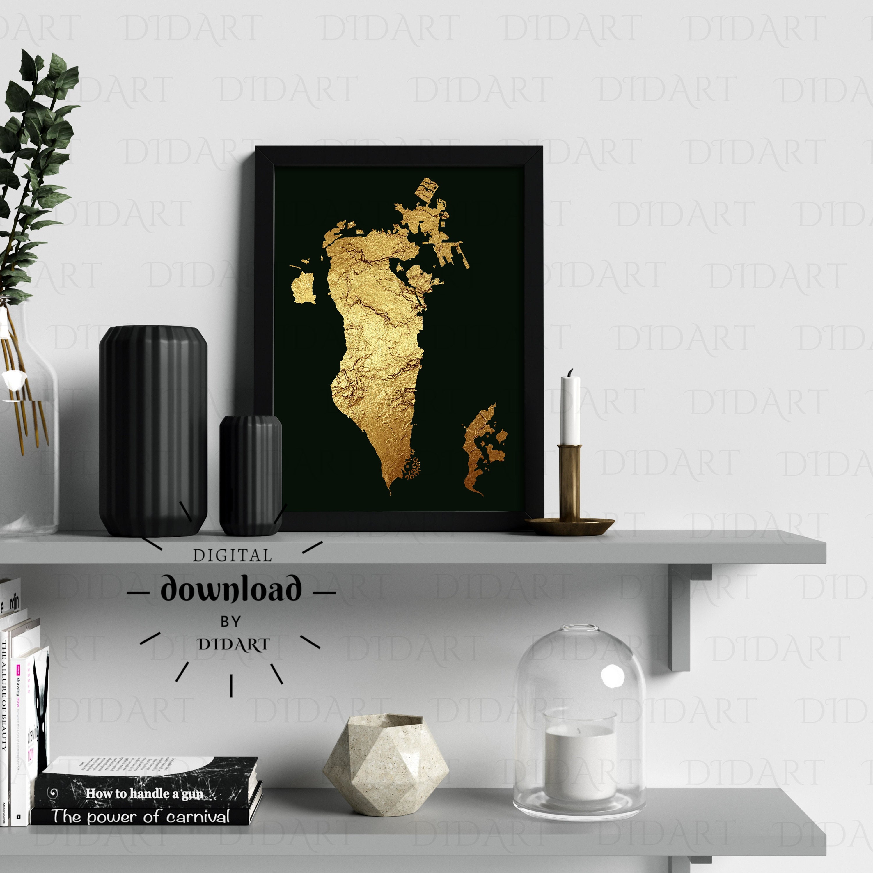 Bahrain Map, Country Map of Bahrain, Golden Art Print Illustration ...