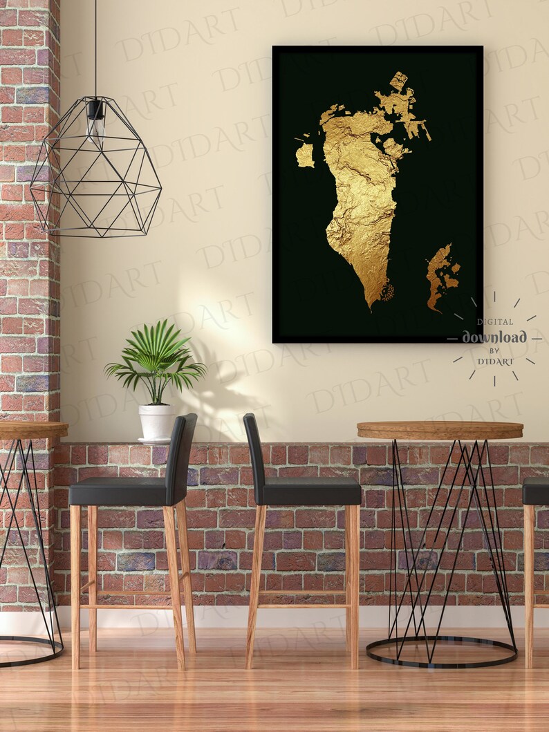 Bahrain Map, Country Map of Bahrain, Golden Art Print Illustration ...