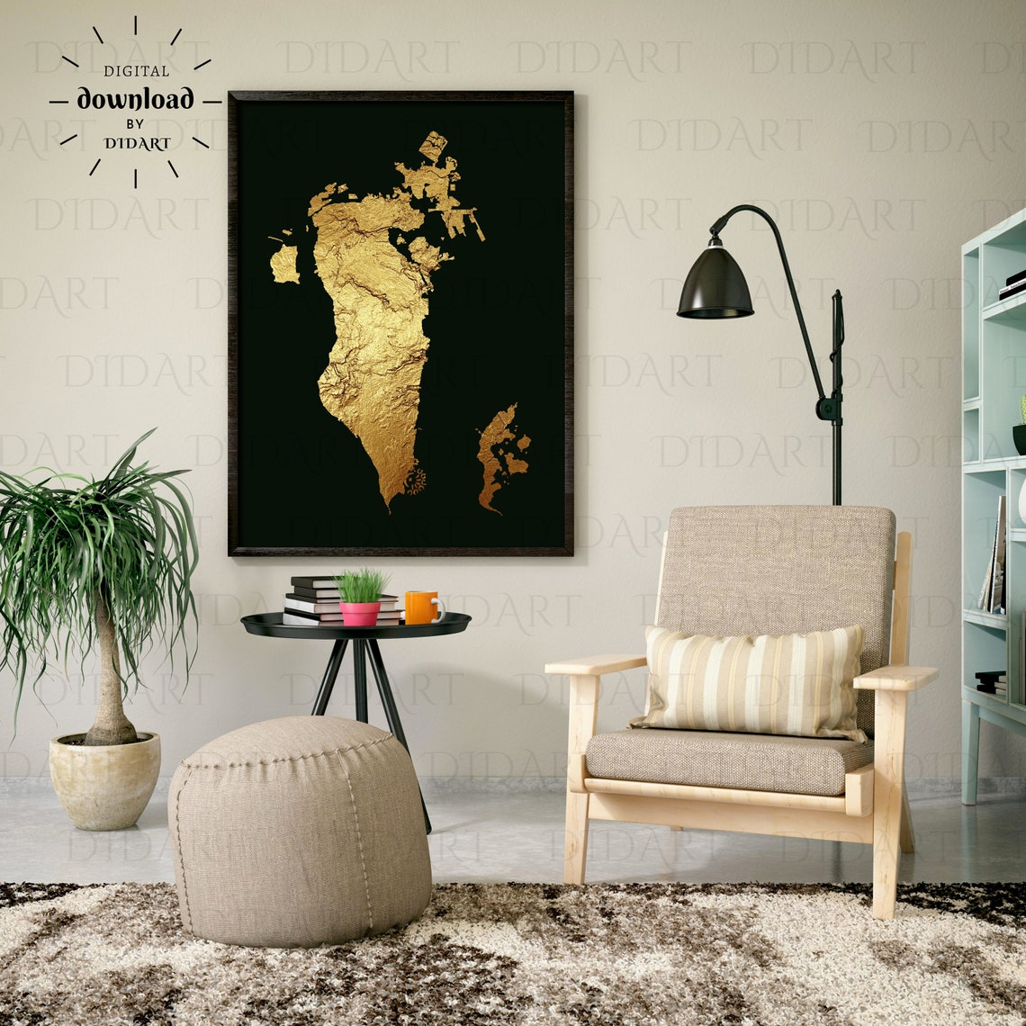 Bahrain Map, Country Map of Bahrain, Golden Art Print Illustration ...