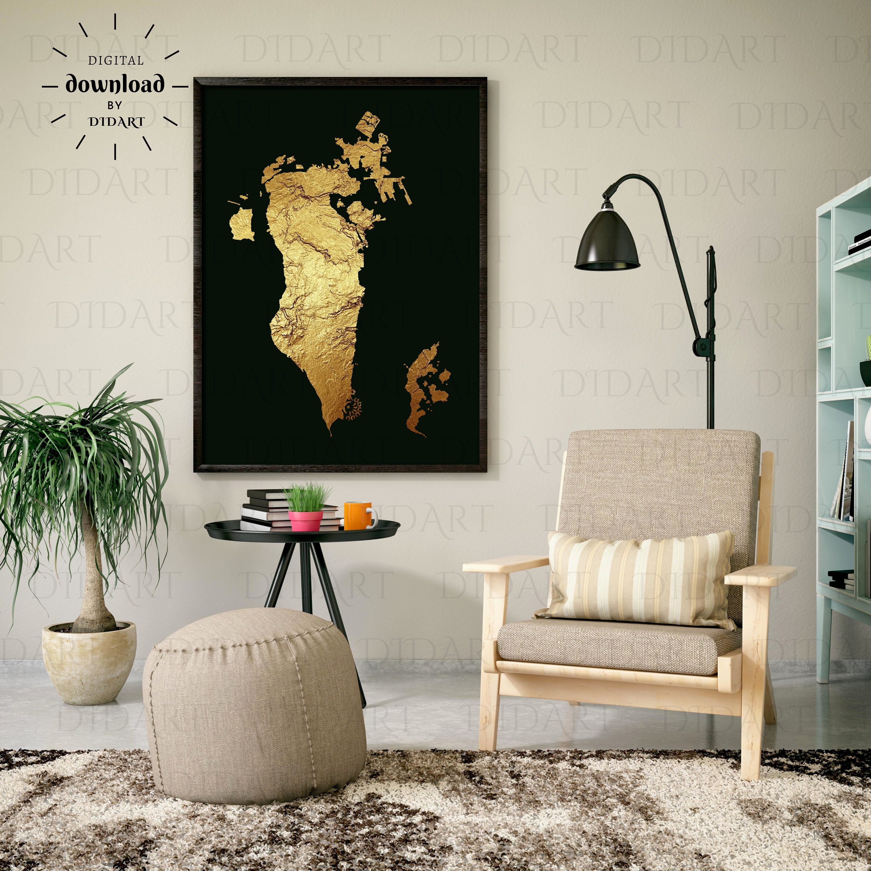 Bahrain Map, Country Map of Bahrain, Golden Art Print Illustration ...