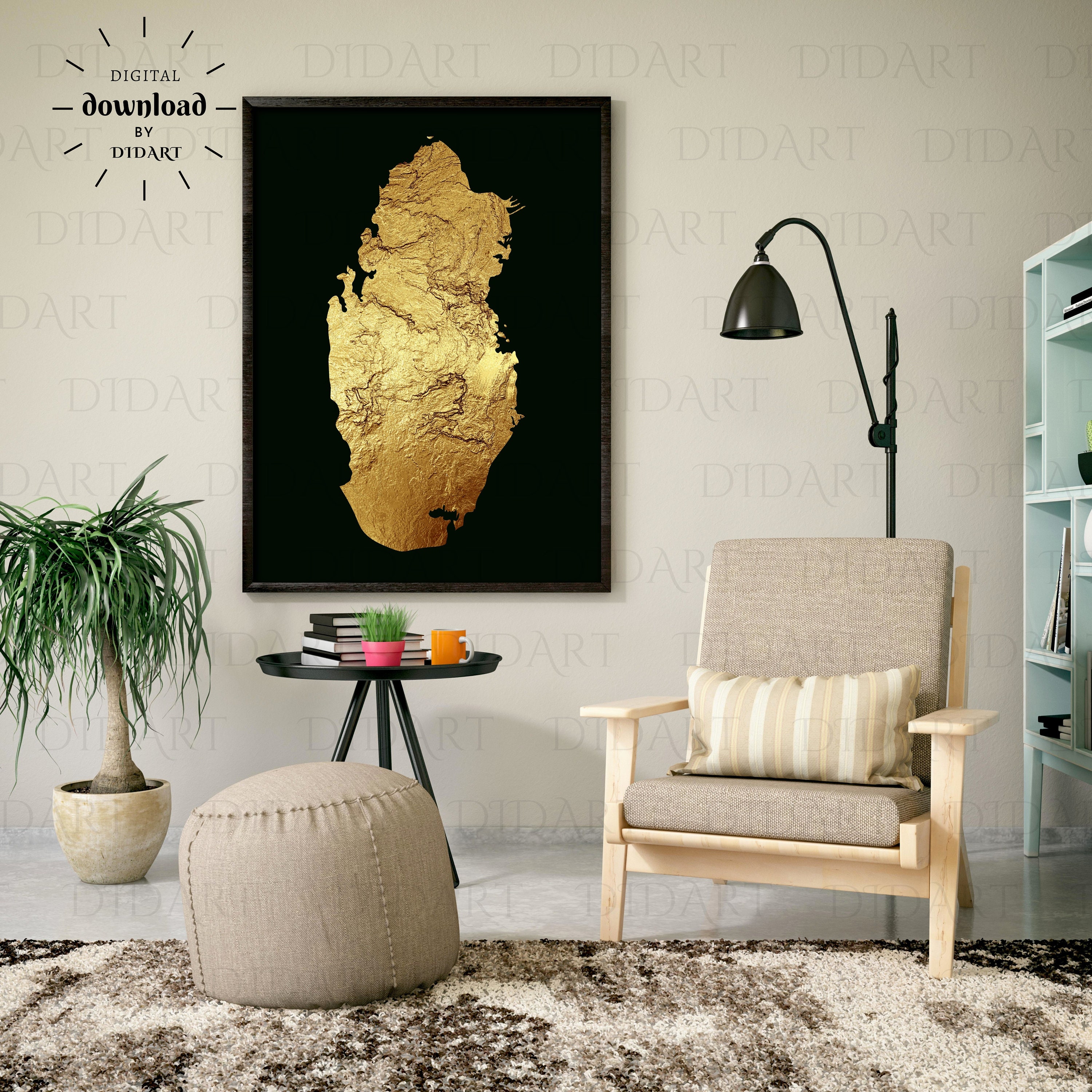 Qatar Map, Golden Art Print Illustration, Qatar Gold Wall Art, Home ...