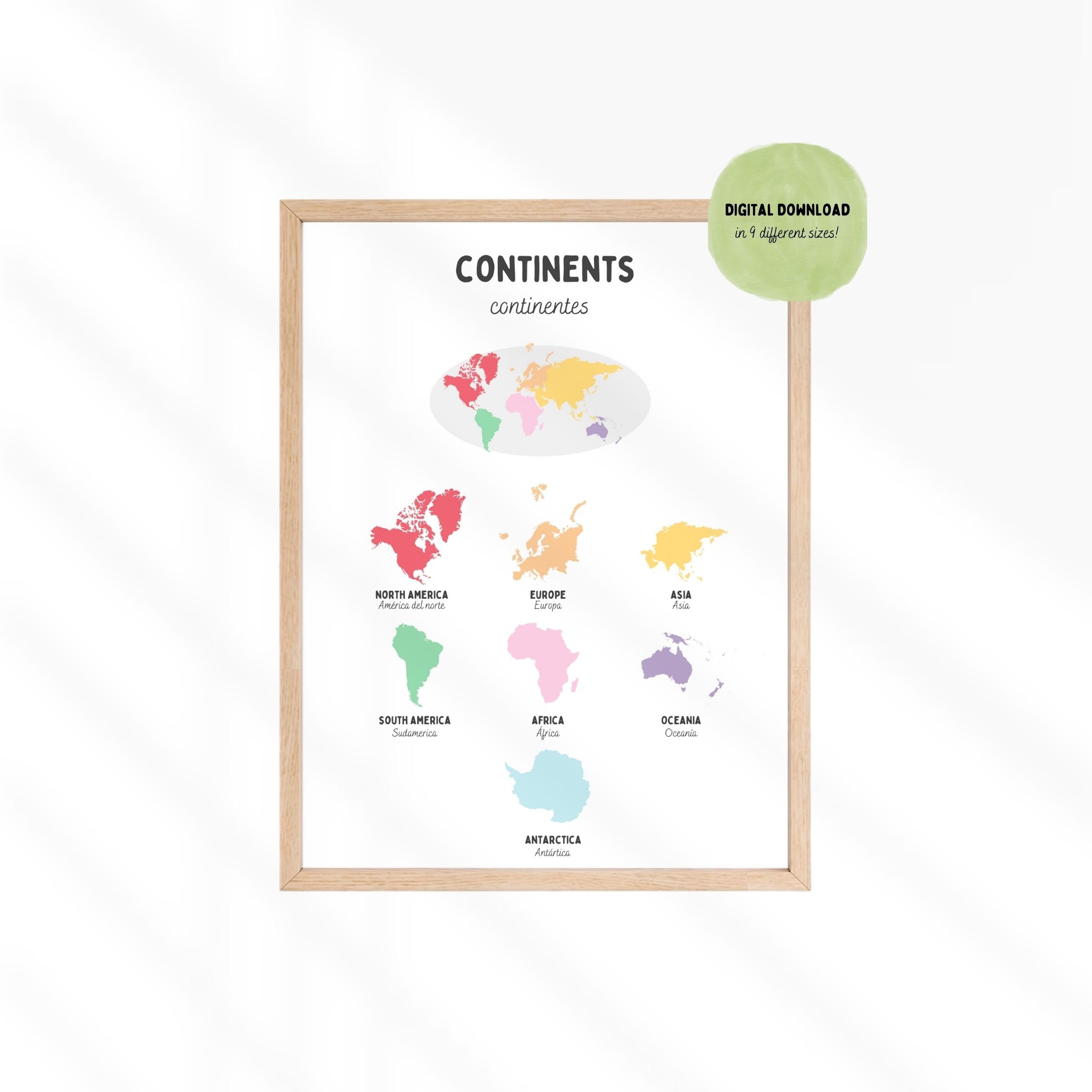 Spanish/english Continents Poster for Preschool, Bilingual Educational ...