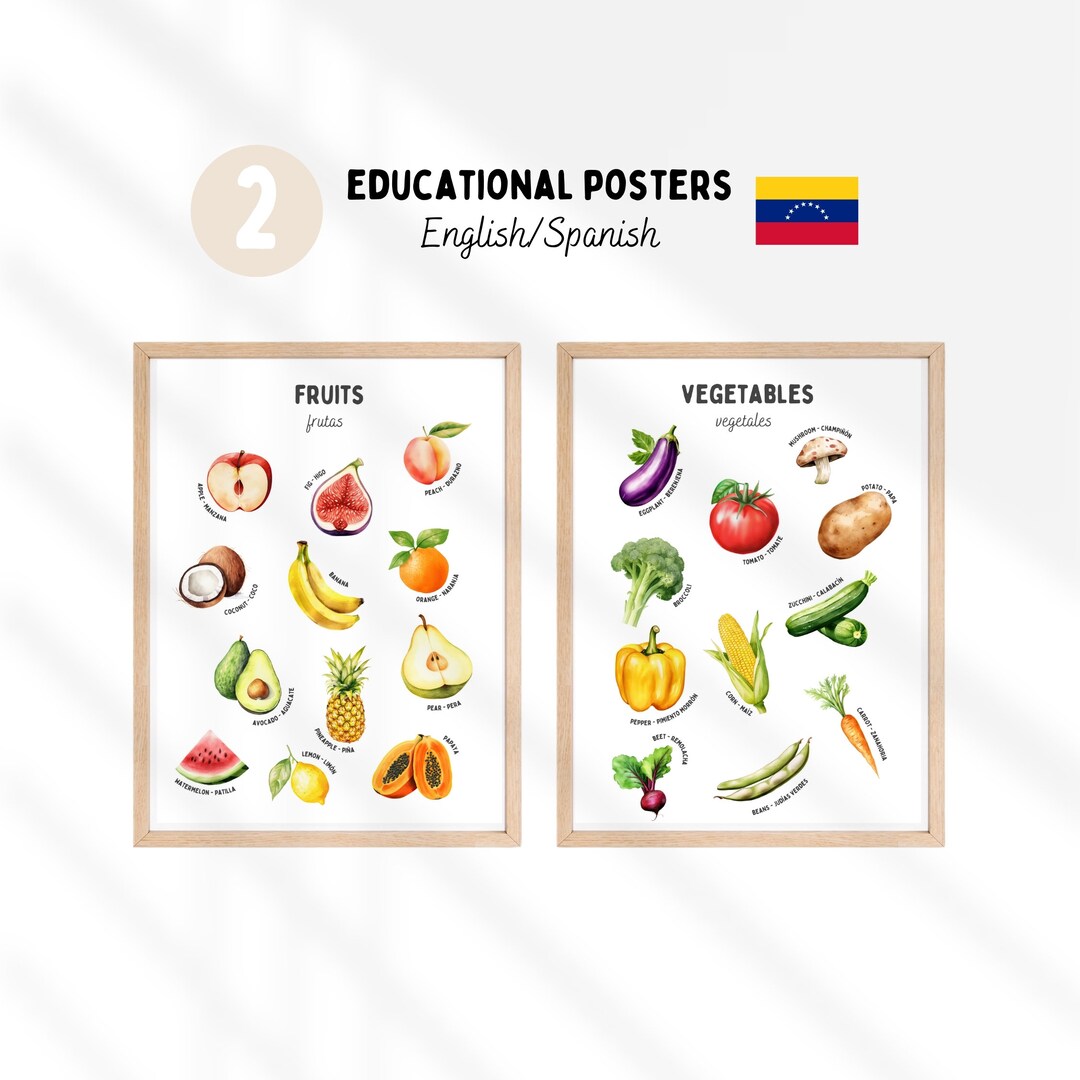 Bilingual Spanish and English Fruits and Vegetables Printable Wall Art ...
