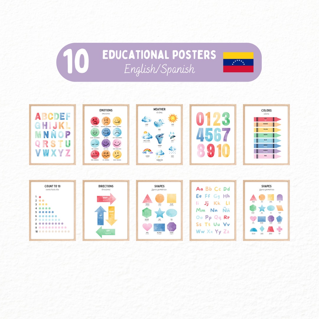 Set of 10 Bundle Educational Bilingual Spanish English Poster Prints ...