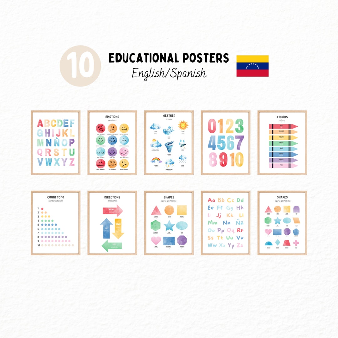 Set of 10 Bundle Educational Bilingual Spanish English Poster Prints ...