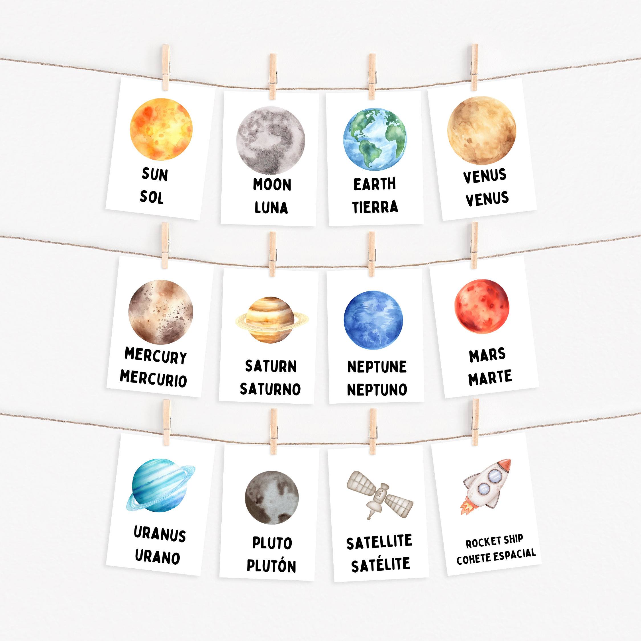 Bilingual Solar System Flash Cards for Space Unit Study, Printable ...