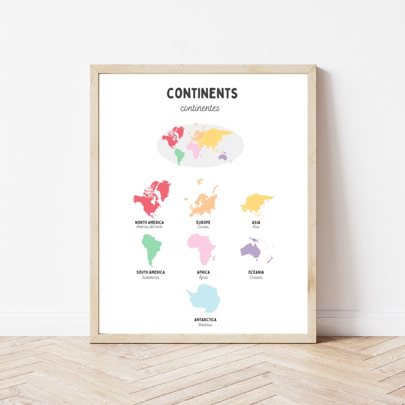 Spanish/english Continents Poster for Preschool, Bilingual Educational ...