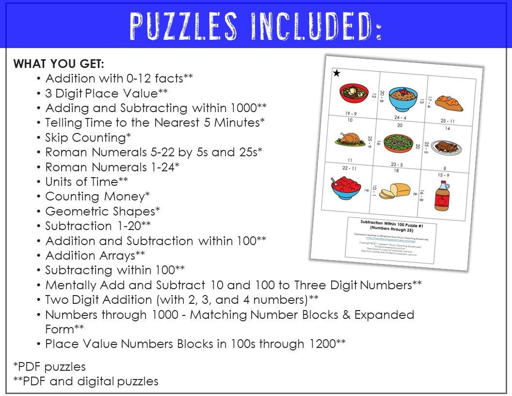 2nd Grade Math Puzzle BUNDLE - Centers, Stations, Practice, Partner ...