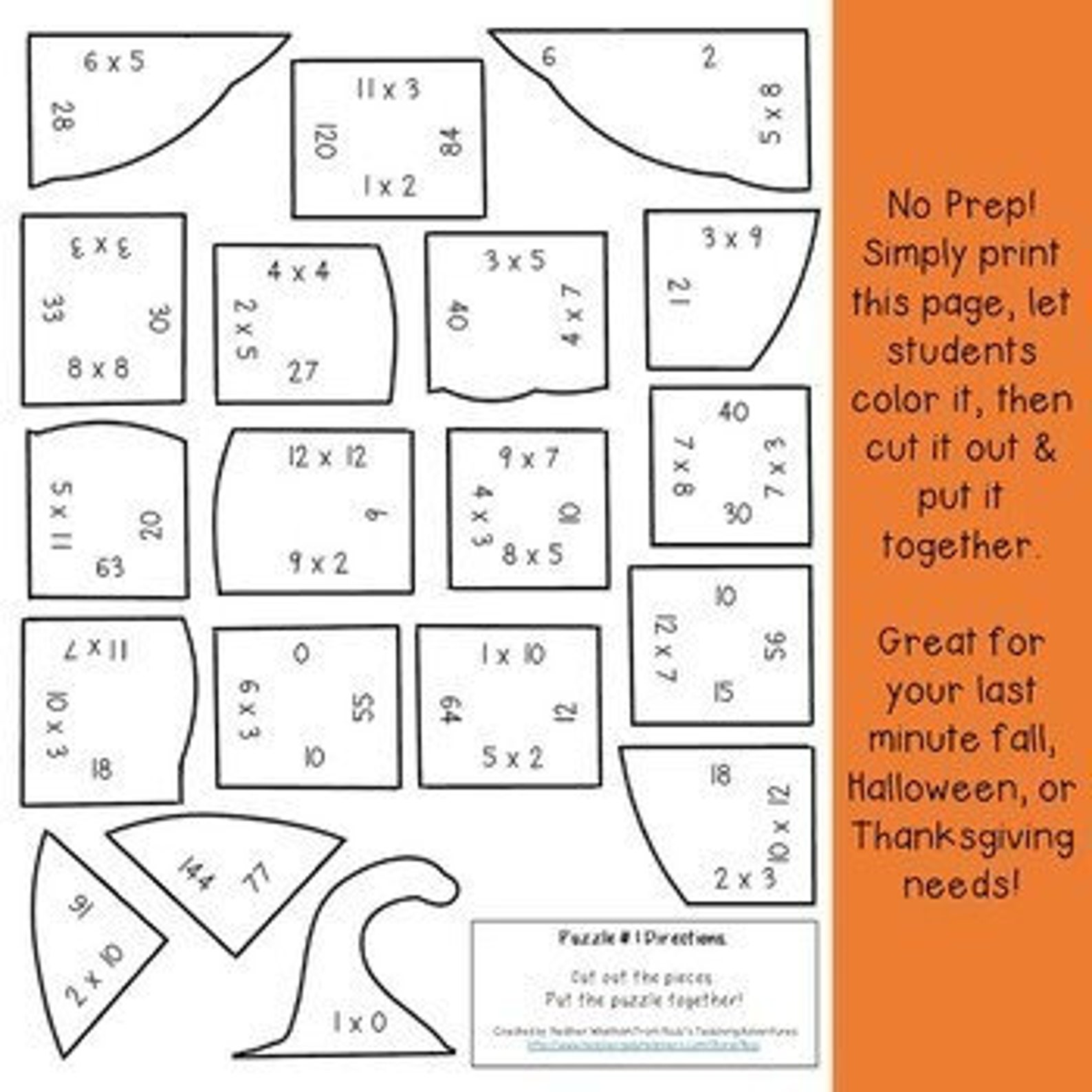 Multiplication Pumpkin Math Puzzles: Fall Learning Games (digital ...
