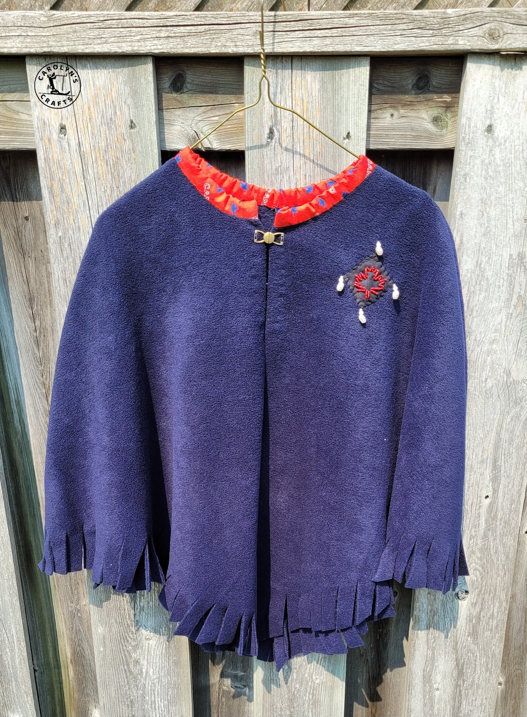Navy Canada Theme Fleece Poncho Fringed Edge Beaded Maple - Etsy