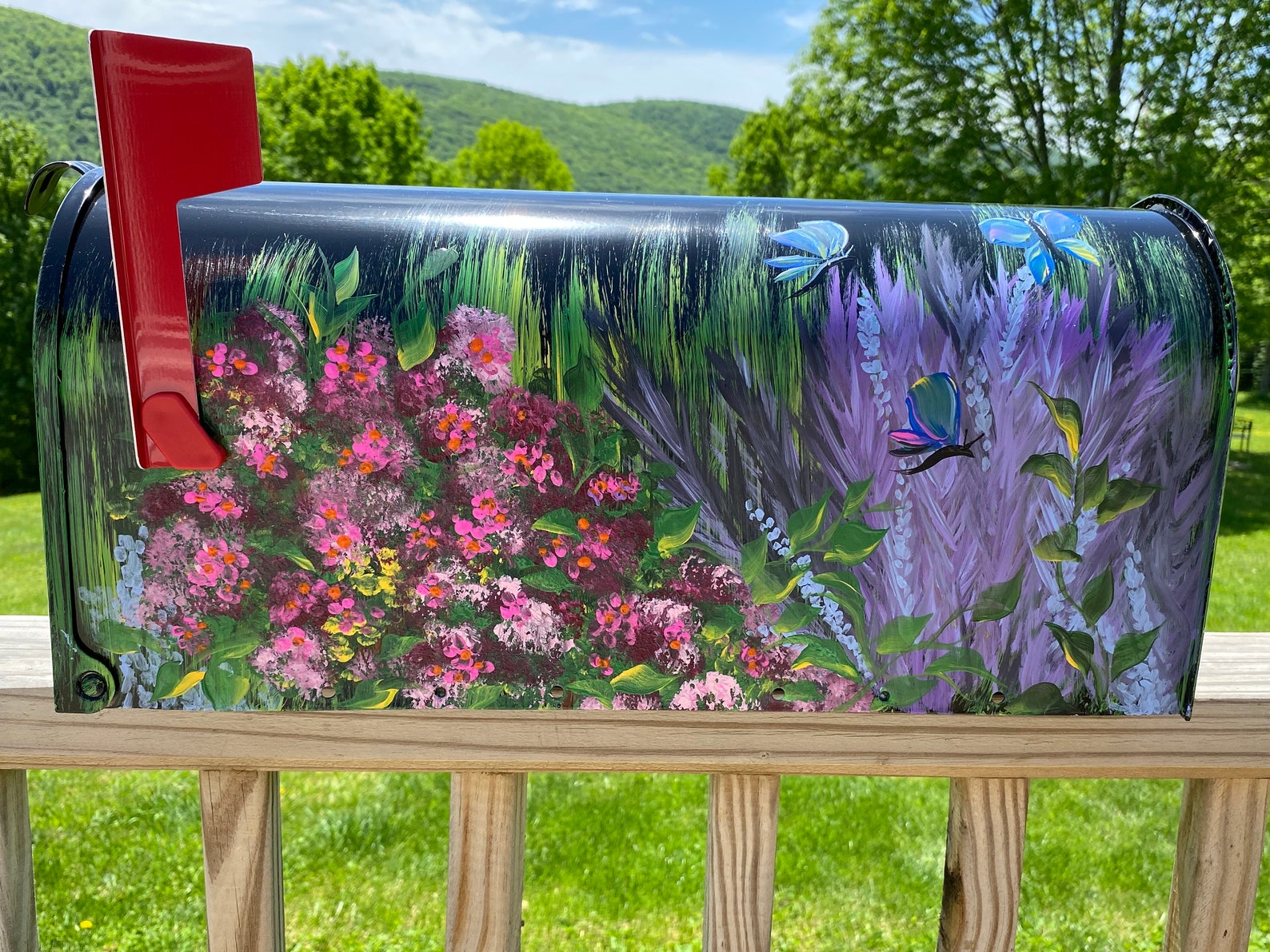 Handpainted Mailbox With Pink and Purple/lavendar Flower Bushes and ...