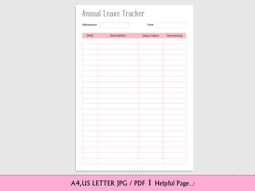 Printable Annual Leave Tracker, Work Leave Tracker, Vacation Days ...