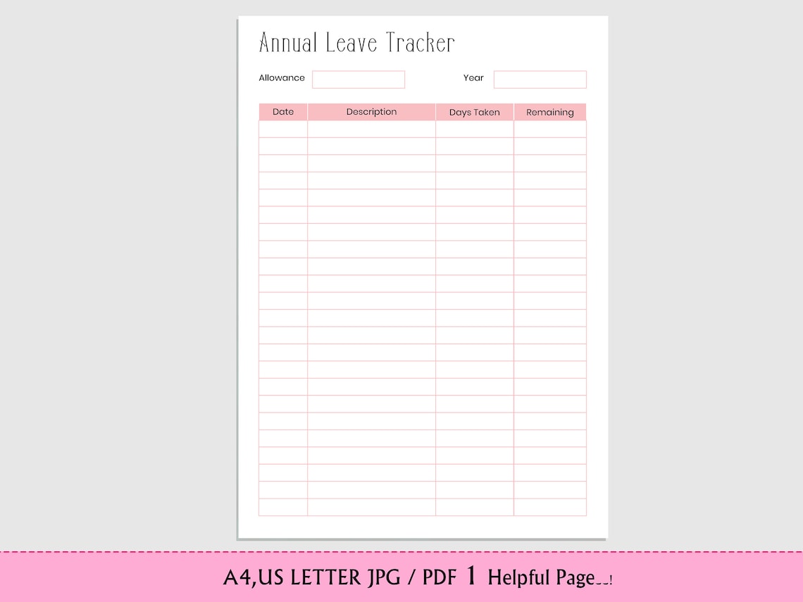 Printable Annual Leave Tracker, Work Leave Tracker, Vacation Days ...