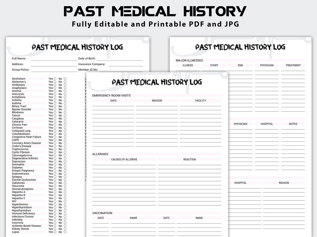Past Medical History Log, Family Medical History Form , Medical Record ...