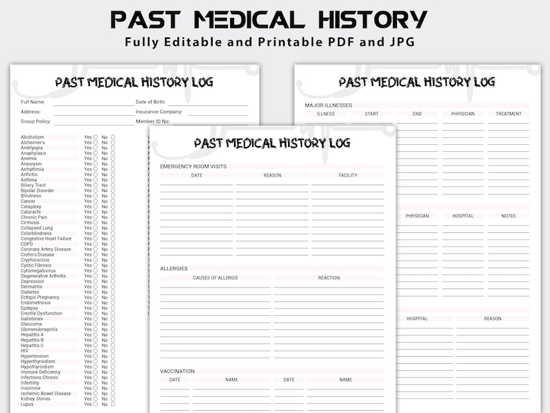 Past Medical History Log, Family Medical History Form , Medical Record ...
