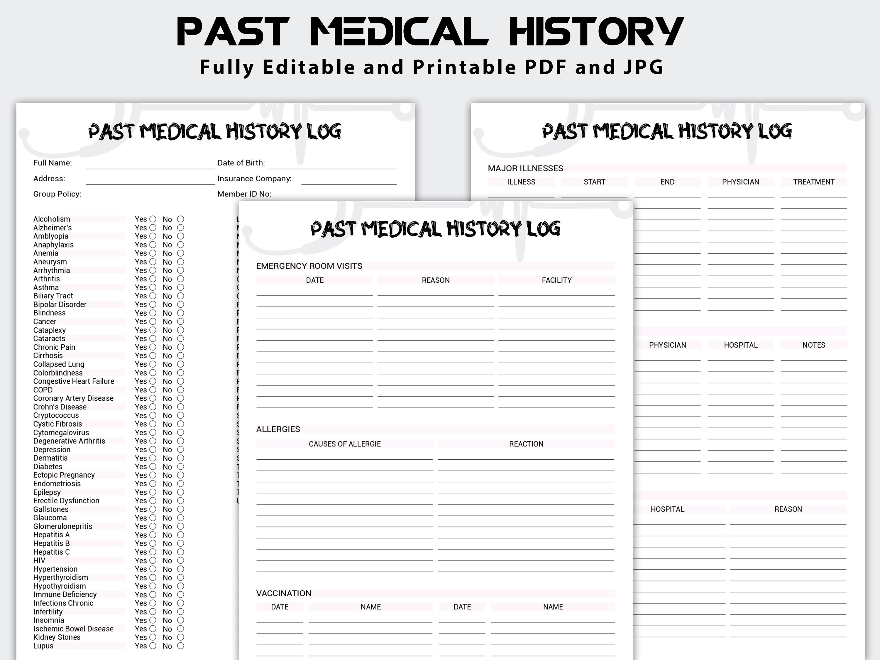 Past Medical History Log, Family Medical History Form , Medical Record ...