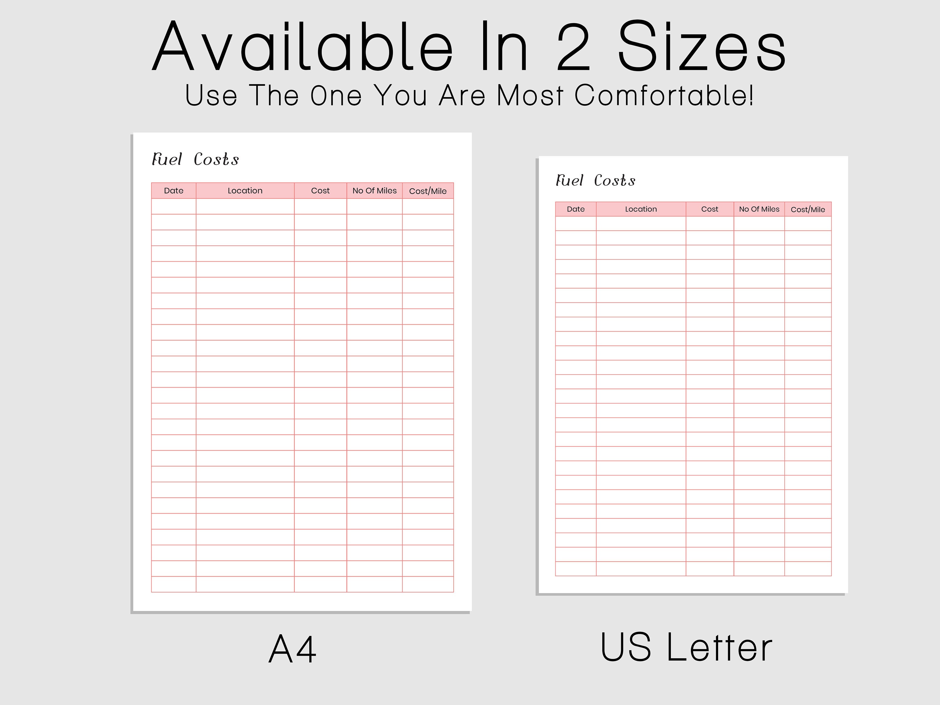 Printable Fuel Cost Log, Minimal Fuel Cost Log Printable, A4 and US ...