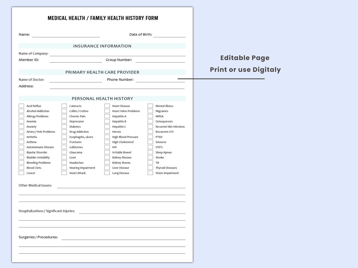 Editable Medical History Form, Family Medical History Form , Medical ...